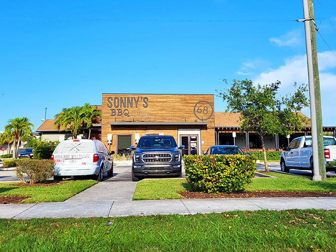 Sonny's wooden fa&ccedil;ade stands like a beacon of barbecue promise, the "68" emblem reminding us some traditions are worth preserving.