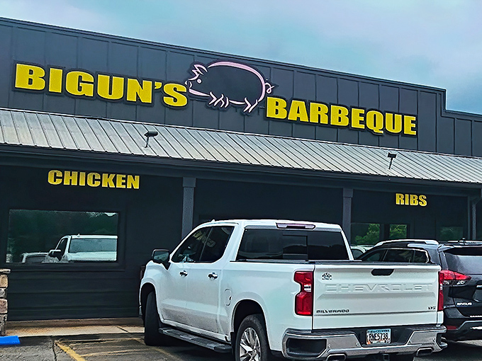 The rustic wooden exterior with bold yellow signage announces its purpose without pretense &ndash; this is barbecue country, and Bigun's means business.