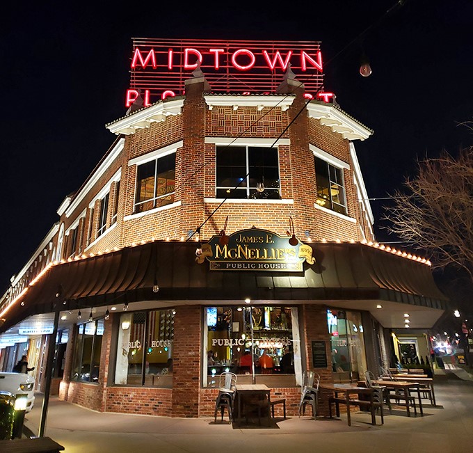 A beacon of comfort in the heart of OKC! McNellie's brick facade and welcoming sign promise a taste of Ireland with an Oklahoma twist. 