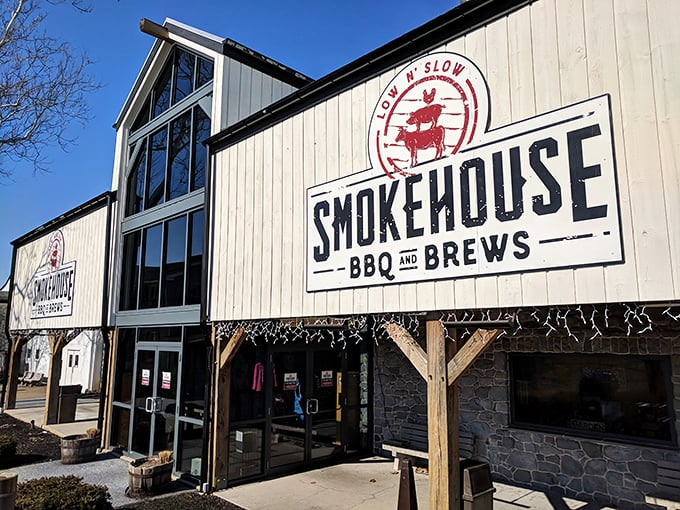 The barn-like exterior isn't just architectural&mdash;it's truth in advertising. This wooden temple to "Low N' Slow" barbecue promises smoke-kissed delights within.
