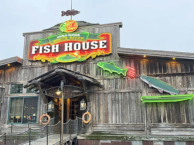 The rustic wooden exterior of White River Fish House beckons like a fisherman's tale come to life, complete with colorful fish sculptures that practically wink at you.