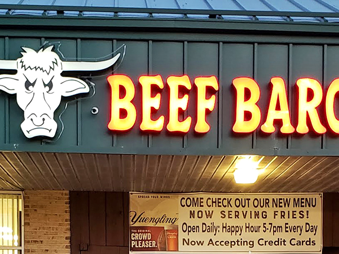 The unmistakable Beef Baron sign greets hungry travelers like a carnivorous North Star, guiding meat lovers to their delicious destination.
