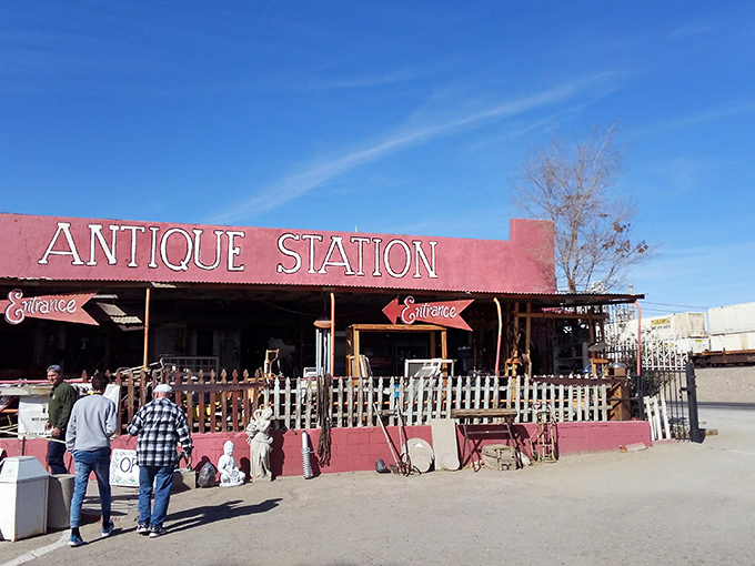 The desert sky creates a perfect backdrop for Antique Station's vibrant red fa&ccedil;ade. Route 66 charm doesn't get more authentic than this roadside treasure trove.