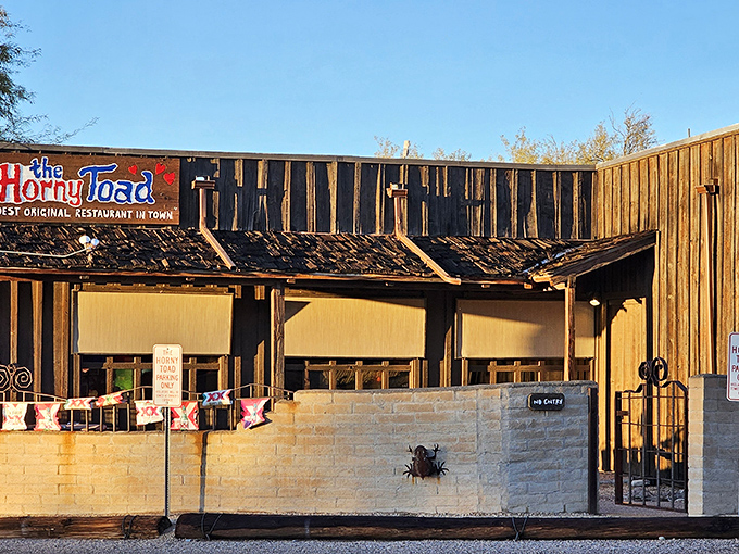 Like a movie set from your favorite Western, The Horny Toad's weathered wooden exterior promises authentic Arizona experiences waiting just beyond those doors.
