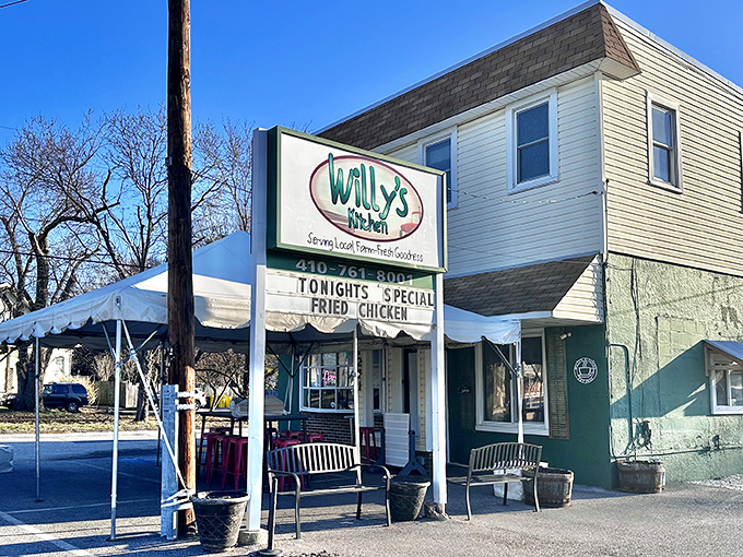 The mint-green exterior of Willy's Kitchen stands like a time capsule in Glen Burnie, promising comfort food treasures within. Tonight's special: fried oysters!