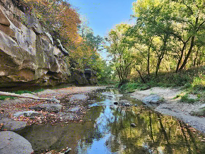 Nature's perfect mirror: sandstone cliffs reflect in the crystal-clear waters of Pea's Creek, creating Iowa's version of a double feature you don't need Netflix for.