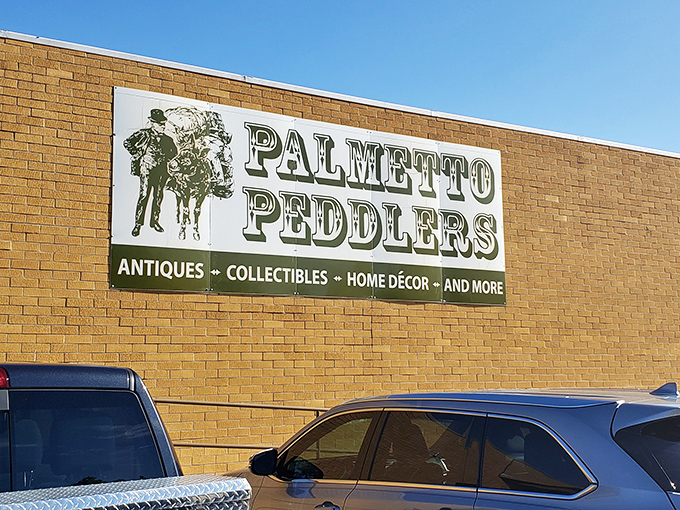 The iconic Palmetto Peddlers sign promises a treasure trove within those unassuming brick walls, like a history book with its cover closed.