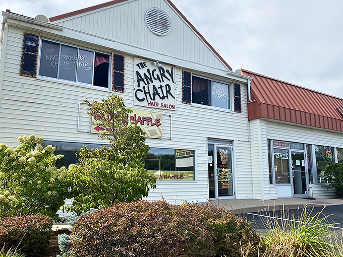 The unassuming exterior of The Sloppy Waffle shares space with The Angry Chair Salon&mdash;a pairing that somehow makes perfect sense in Connecticut's charming landscape.