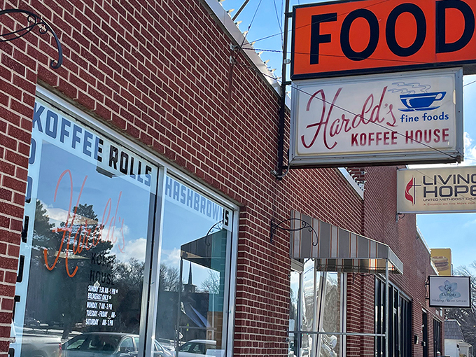 Harold's brick exterior stands like a time capsule on North 30th Street, complete with vintage signage and a welcoming bench that practically whispers "slow down."