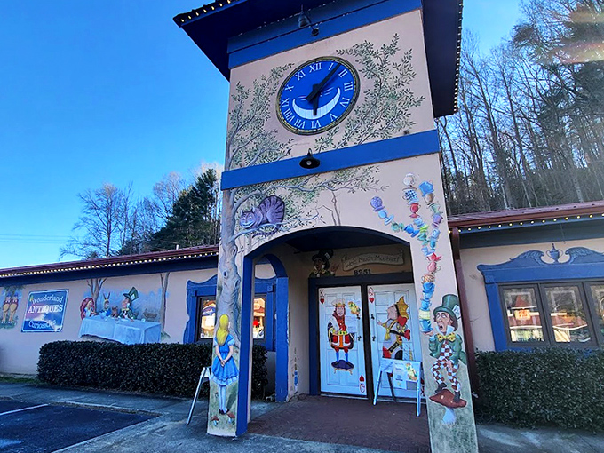 The blue clock tower of Wonderland Antiques stands like a storybook portal in Helen, complete with Alice-themed murals inviting curious souls to tumble down the rabbit hole.