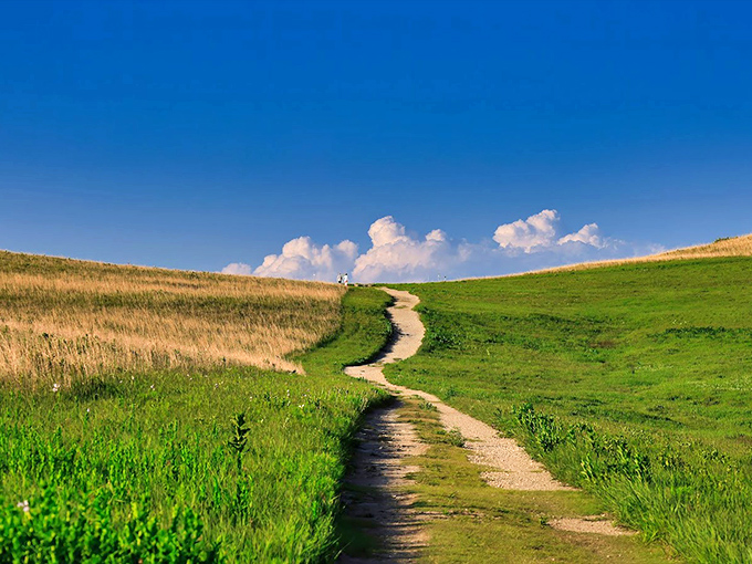 The winding trail beckons like a yellow brick road through emerald hills. Dorothy had it right&mdash;there's no place quite like Kansas.