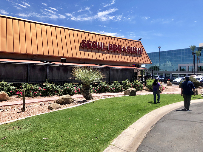 The bold red letters of Seoul BBQ & Sushi against the desert sky is like finding an oasis of flavor in Phoenix's beige landscape. 