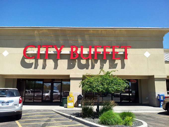 The bold red letters of City Buffet beckon like a Vegas marquee promising jackpots of flavor instead of cash.