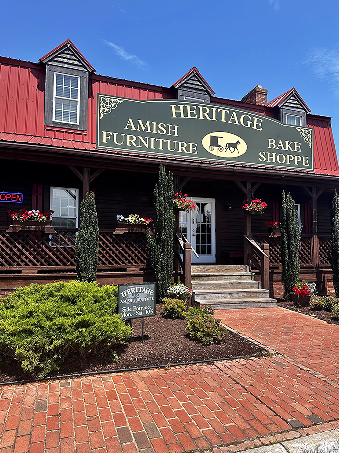 The red metal roof and rustic porch of Heritage Bake Shoppe beckon like a siren song for carb enthusiasts. Resistance is futile.