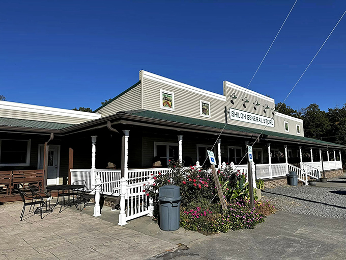 The welcoming facade of Shiloh General Store stands proudly against a brilliant blue North Carolina sky, its wide porch practically whispering "slow down and stay awhile."