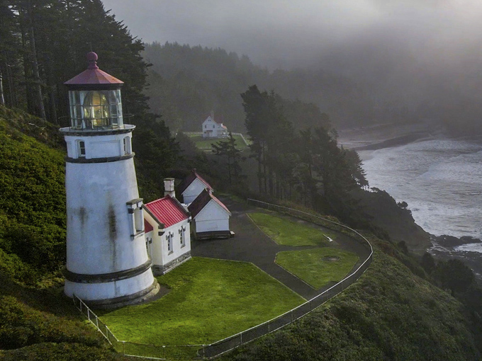Twilight transforms Heceta Head Lighthouse into something from a gothic novel. The foggy backdrop only adds to the delicious eeriness that makes this spot unforgettable.