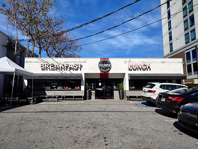 The white brick building stands like a breakfast beacon in downtown Atlanta, promising morning salvation to the hungry masses.
