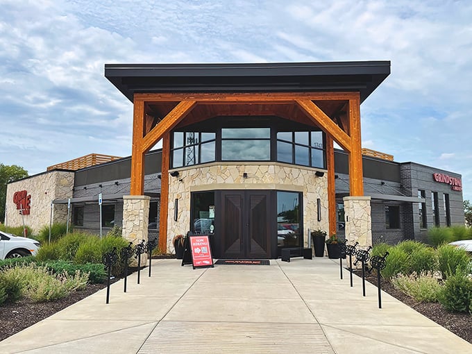 Sunset at Grindstone isn't just a time of day&mdash;it's a spectacle. The stone fa&ccedil;ade and timber beams glow like they're auditioning for a Hoosier postcard.