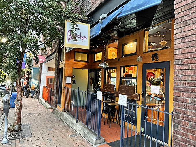Bouchon's cheerful blue awning and warm wooden fa&ccedil;ade beckon like a Parisian whisper on Asheville's eclectic Lexington Avenue.