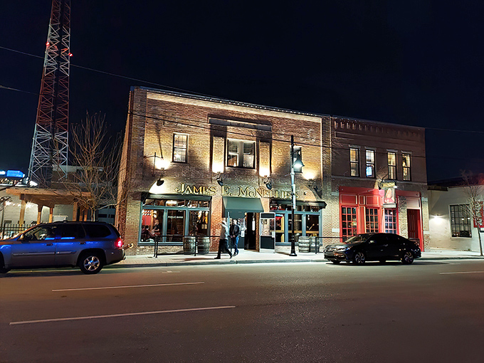 The historic brick facade of James E. McNellie's stands proudly in downtown Tulsa, a beacon for those seeking authentic pub comfort in Oklahoma.