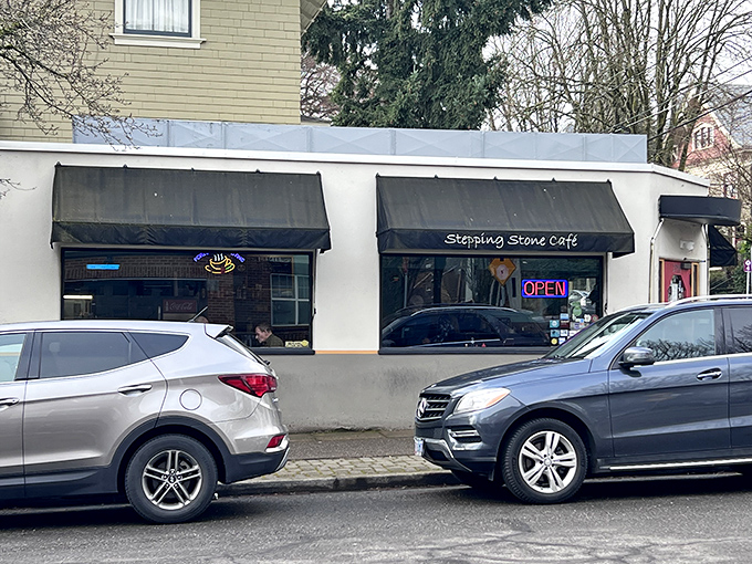 The unassuming exterior of Stepping Stone Caf&eacute; beckons with its simple black awning and glowing neon "OPEN" sign&mdash;Portland's version of "Come on in, the breakfast is fine!"