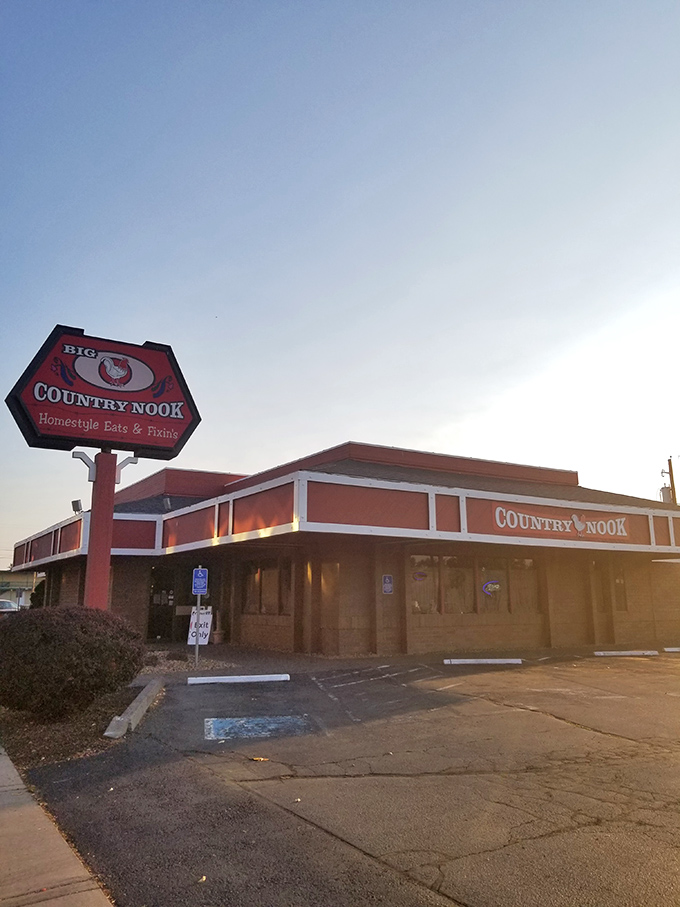 The iconic red-trimmed exterior of Big O Country Nook stands like a beacon for hungry travelers, promising comfort food salvation in Redmond's bustling landscape.