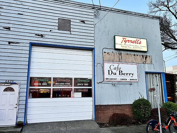 The unassuming exterior of Cafe Du Berry shares space with Tyrrell's, proving once again that culinary treasures often hide in plain sight.