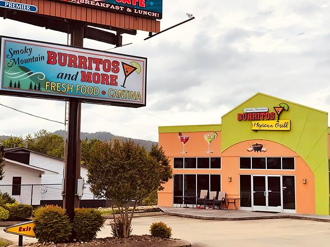 The lime green exterior of Smoky Mountain Burritos stands out like a mariachi band at a library&mdash;bold, unapologetic, and promising a good time.