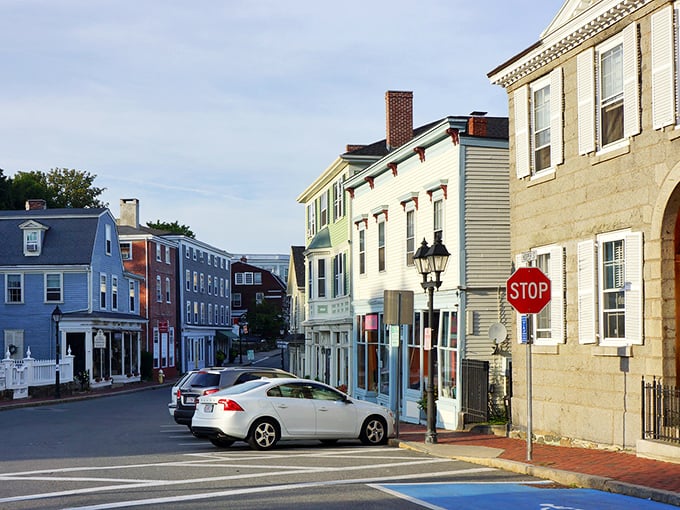 Colorful colonial buildings line Marblehead's historic streets, where time seems to slow down and history whispers from every corner.