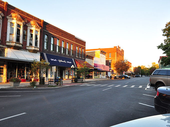A classic car cruises past Pontiac's pristine brick buildings, like a scene from a time when gas was cheap and smartphones were science fiction.