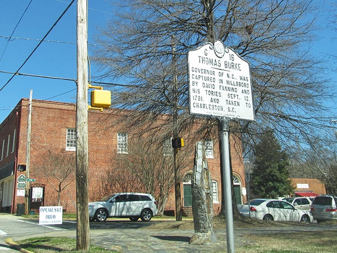 History isn't just words on a page in Hillsborough - it's right there on street corners where Governor Burke's dramatic 1781 capture is commemorated.