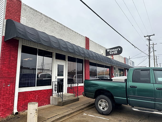 The red and white exterior of Wesner's Grill stands like a beacon of breakfast hope on Chestnut Street. No fancy frills, just honest food awaiting inside.