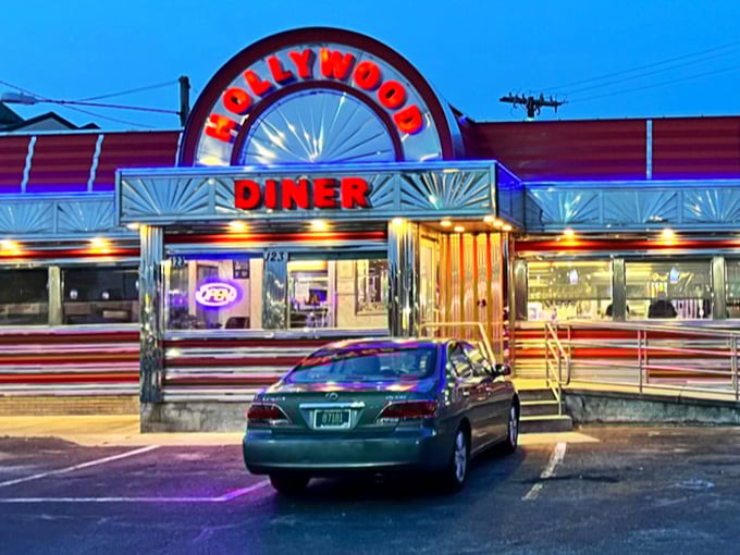 The neon glow of Hollywood Diner's iconic sign isn't just illuminating the Dover night—it's beckoning you toward a breakfast experience worth writing home about.
