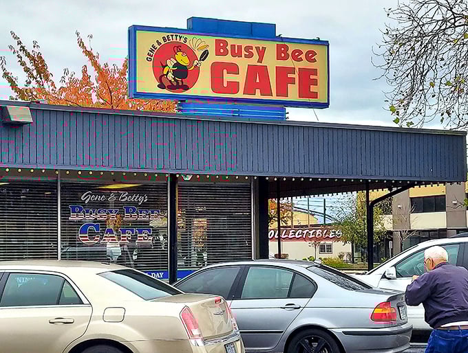 The iconic Busy Bee Caf&eacute; sign stands proud against Oregon's sky, promising comfort food that's worth pulling over for. 