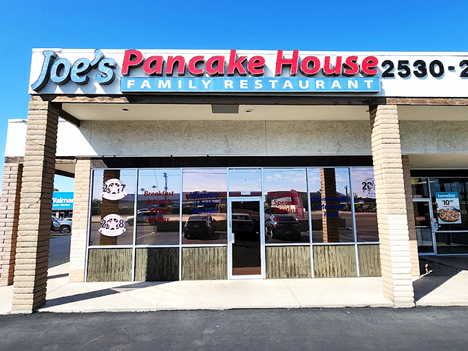 The bright blue and red sign of Joe's Pancake House stands as a beacon of breakfast hope against the clear Arizona sky.