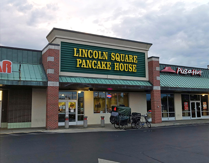 The bold yellow letters against that green backdrop aren't just signage&mdash;they're a beacon of breakfast hope on even the gloomiest Indiana morning.