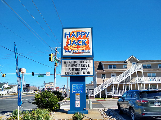 The iconic blue and orange sign beckons hungry beachgoers with its promise of pancake perfection and the bonus of dad jokes that are so bad they're good.
