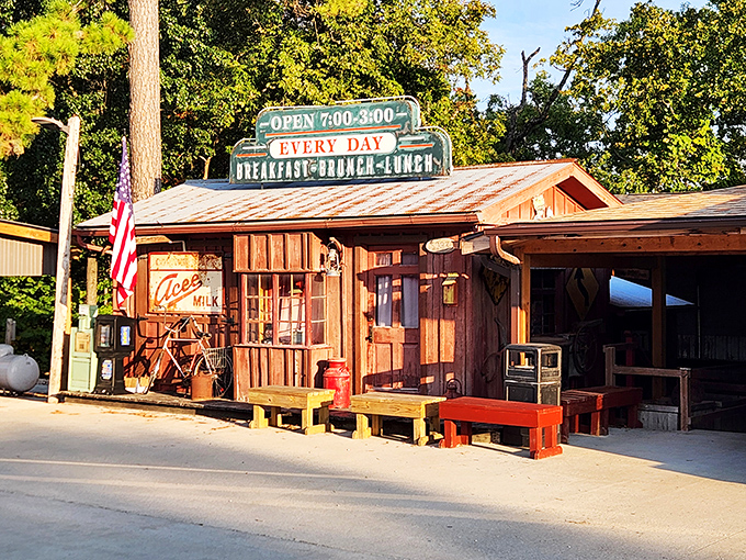 Billy Gail's rustic exterior feels like stepping into a postcard from simpler times, complete with colorful benches and vintage Americana charm.
