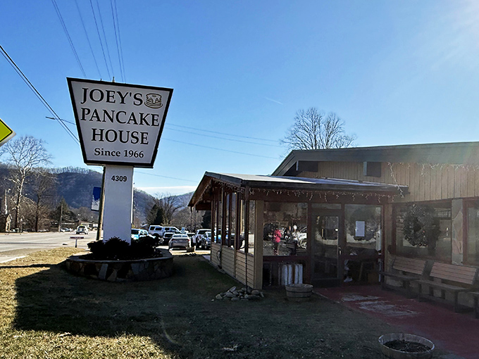 The iconic sign beckons hungry travelers like a breakfast lighthouse on the mountain horizon. Joey's has been calling pancake pilgrims to Maggie Valley since 1966.