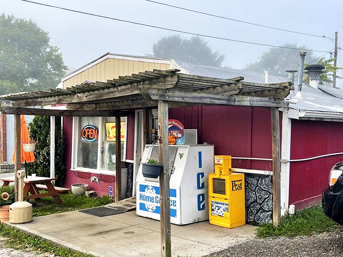 The unassuming exterior of Grandma's Country Kitchen proves once again that culinary treasures often hide in the humblest packages. That red building holds breakfast dreams. 
