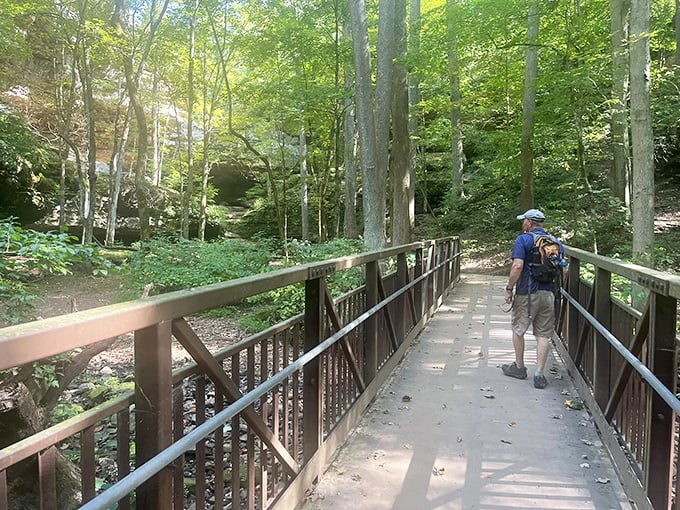 A wooden footbridge invites hikers into nature's embrace at Big Rocky Hollow. The perfect first step into an Illinois adventure that feels worlds away.