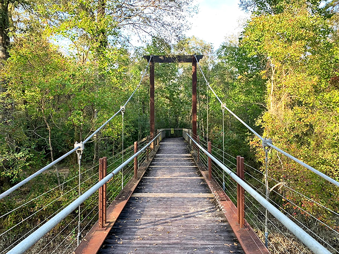 The suspension bridge at Tickfaw beckons like a portal to another world, where the only decision is whether to cross it or photograph it first.