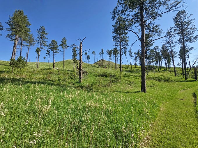 Nature's perfect contradiction: endless sky meets intimate trail. Nebraska's Pine Ridge area proves flat stereotypes wrong with every rolling hill.