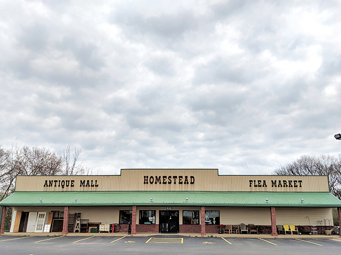 The unassuming exterior of Homestead Antique Mall belies the treasure trove within—like finding a portal to the past disguised as a strip mall storefront.