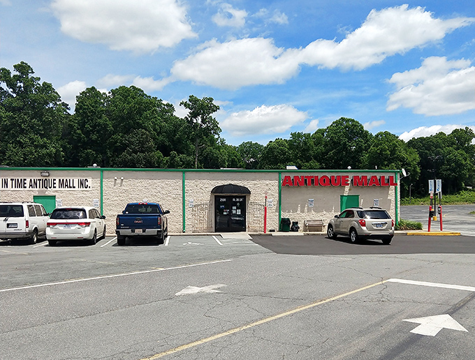 The unassuming exterior of Lost In Time Antique Mall belies the wonderland within. Like a time-travel portal disguised as a strip mall storefront.