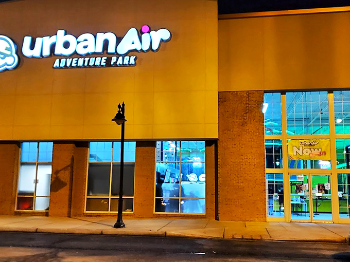 The climbing walls at Urban Air offer a Tetris-like challenge with colorful handholds. Who knew scaling a brick facade could be this much fun? 