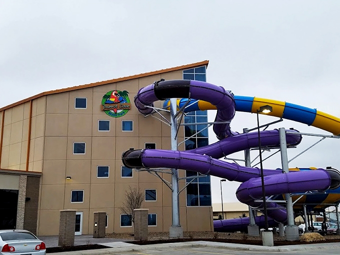The architectural equivalent of a "come hither" gesture&mdash;colorful water slides beckoning from the exterior like tropical serpents promising aquatic thrills.