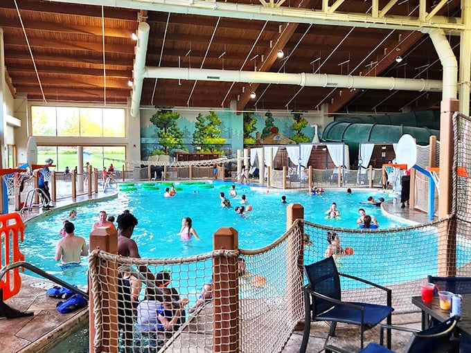 The indoor oasis where summer never surrenders to winter. Lounge chairs stand at attention, ready for parents who'll claim they're "just watching" but secretly yearn for that waterslide plunge.