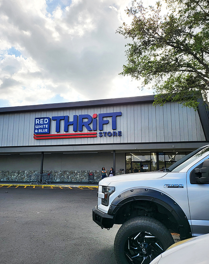 The unassuming exterior of Red White and Blue Thrift Store hides a treasure trove within—like finding a speakeasy, but instead of cocktails, you'll discover vintage treasures.