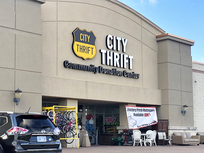 The beige fortress of bargain hunting beckons with its shield-like logo—your first clue that treasure awaits inside this Overland Park institution.
